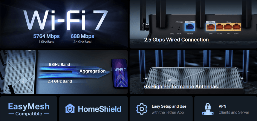 TP Link Archer BE400 BE6500 Dual-Band Wi-Fi 7 Router - Einfoldtech